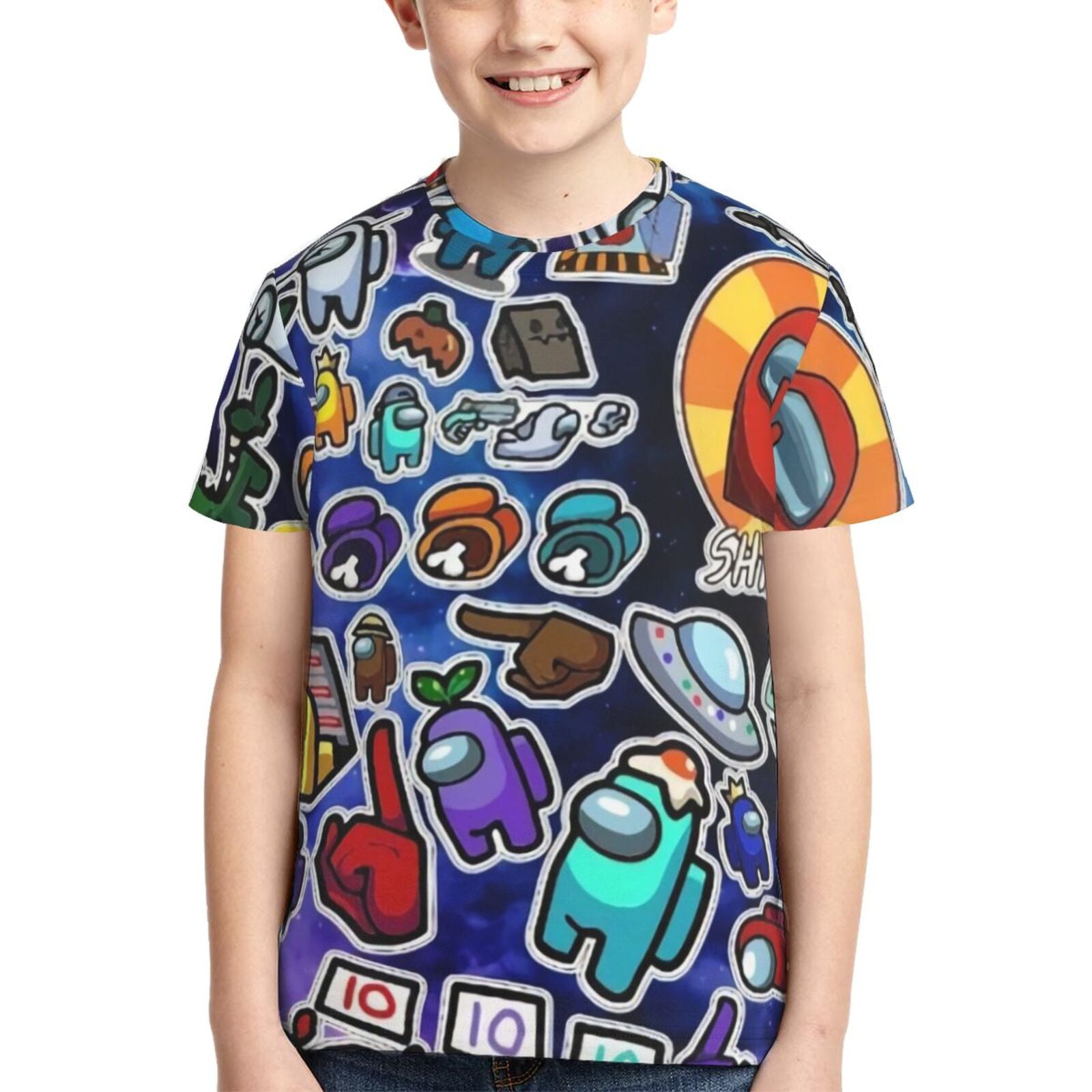 Boys Girls Gaming Among-Us Sticker T-Shirt Crewneck Short Sleeve Tees ...