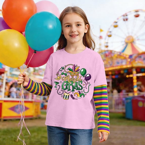 Boys & Girls Mardi Gras Shirt Graphic 2 Pieces Long Sleeve Shirt (Pink ...