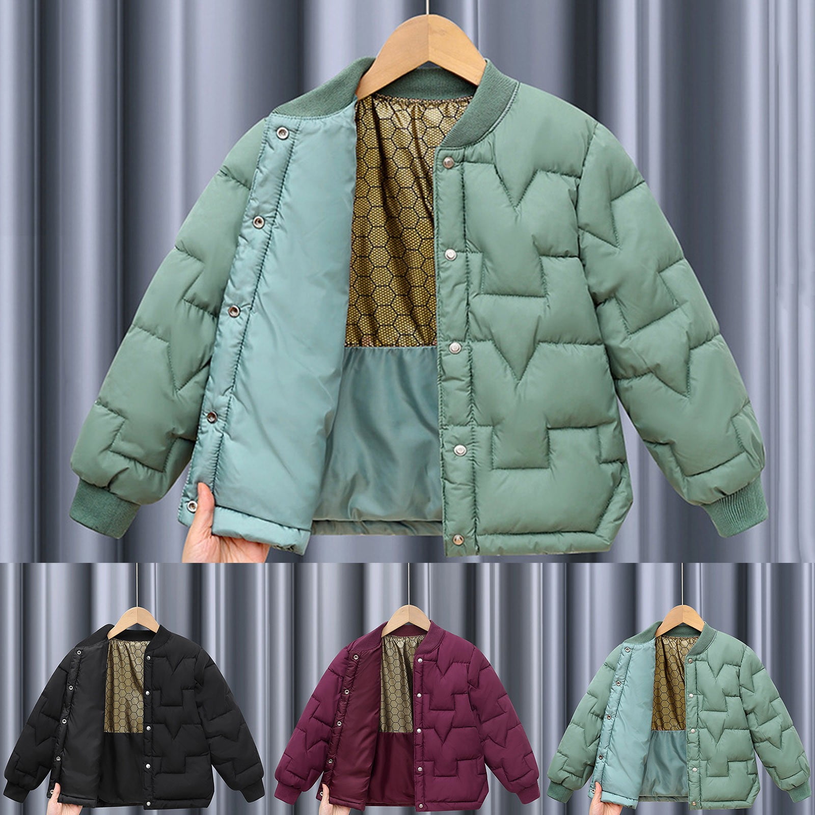 Boys Girls Padded Jacket Unisex Tween 5-15Year Long Sleeve Solid Color ...