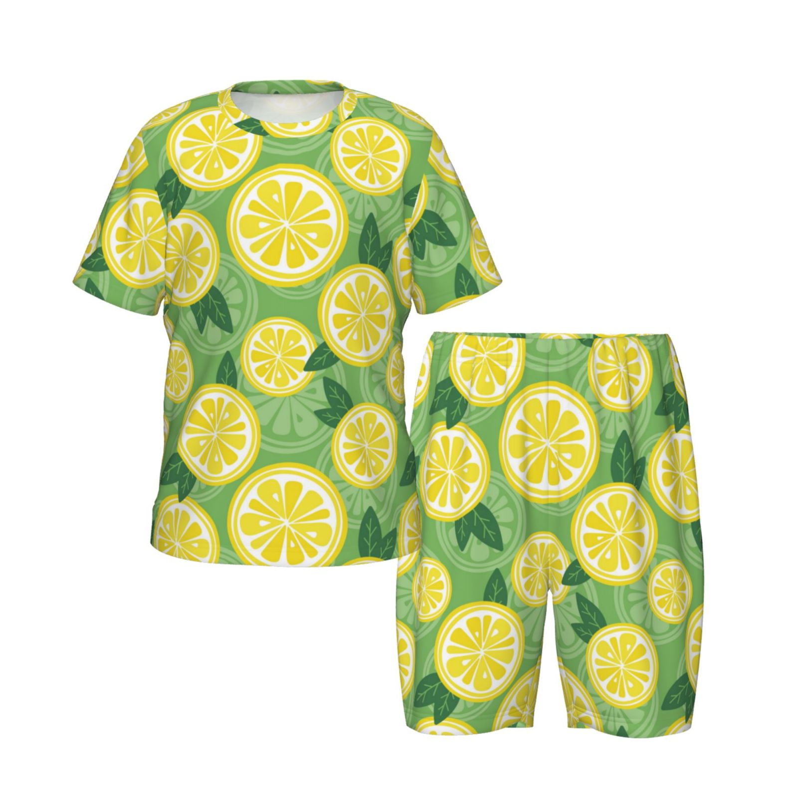 Boys Girls Pajamas Sets for Kids, green yellow Lemon print Toddler Sleepwear Lounge Short Sleeve ...