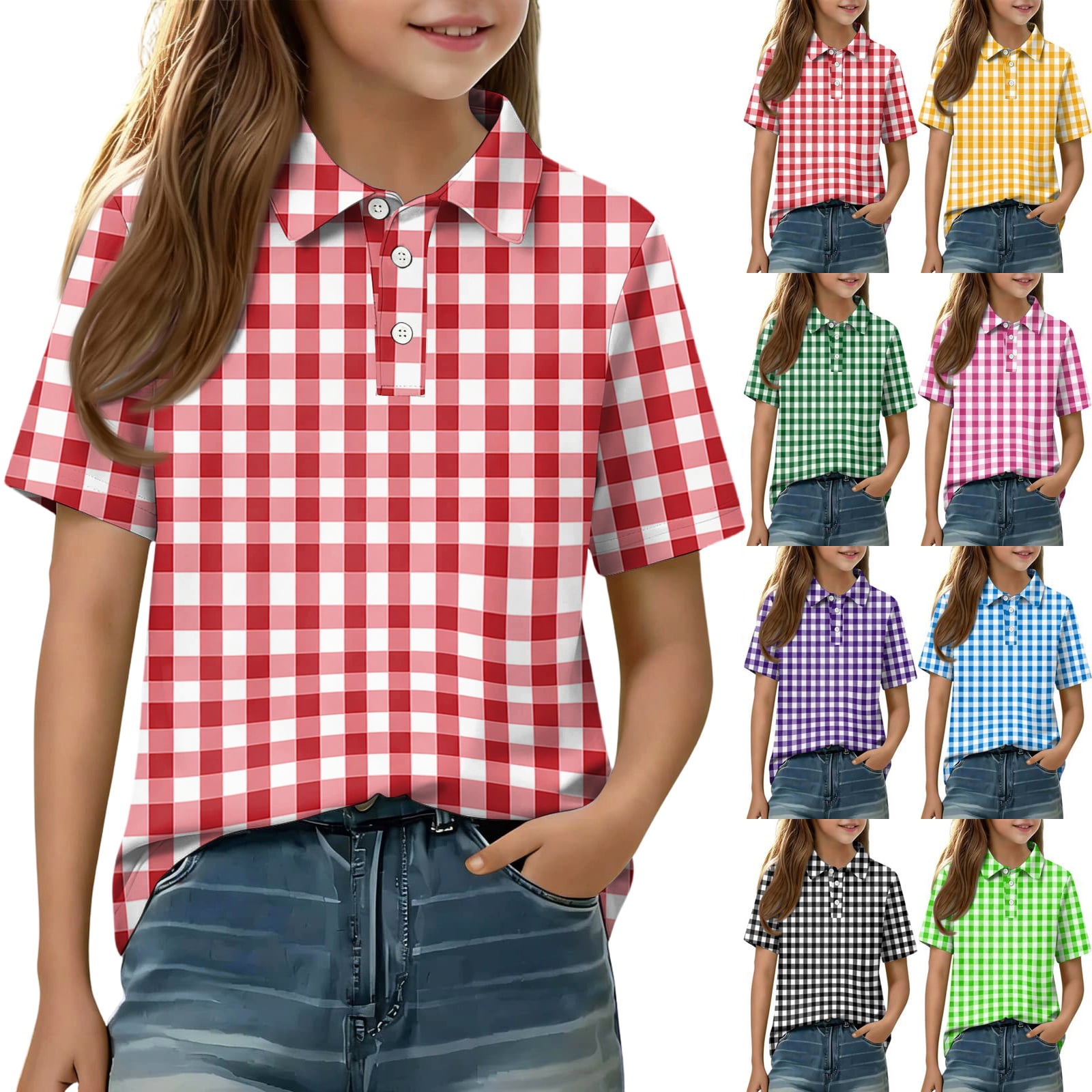 Boys Girls Polo Shirts Plaid Printed Short Sleeve Golf T Shirt School ...