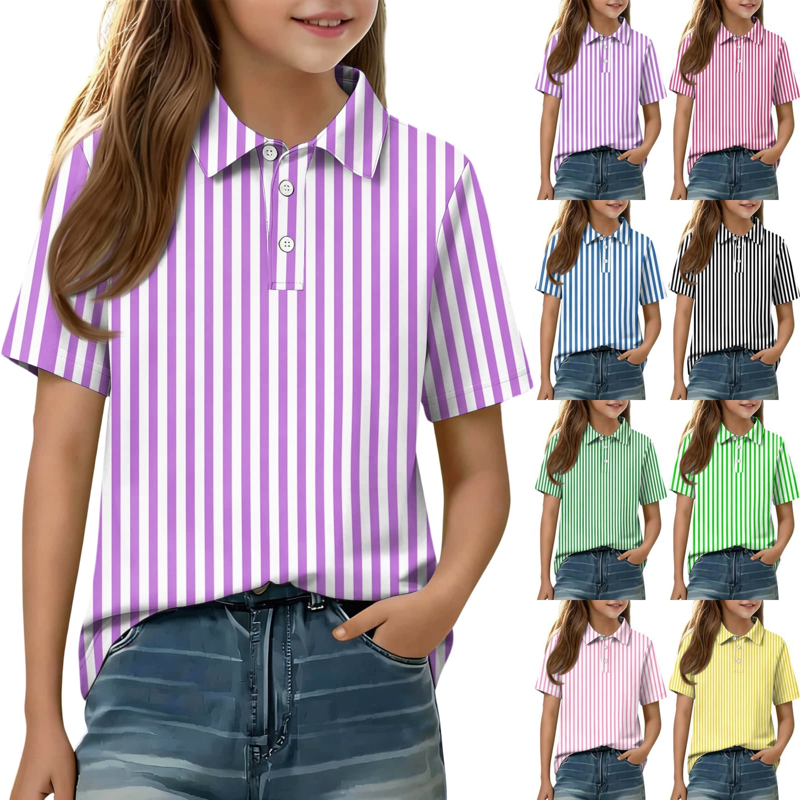 Boys Girls Polo Shirts Striped Short Sleeve Golf T Shirt School Button ...