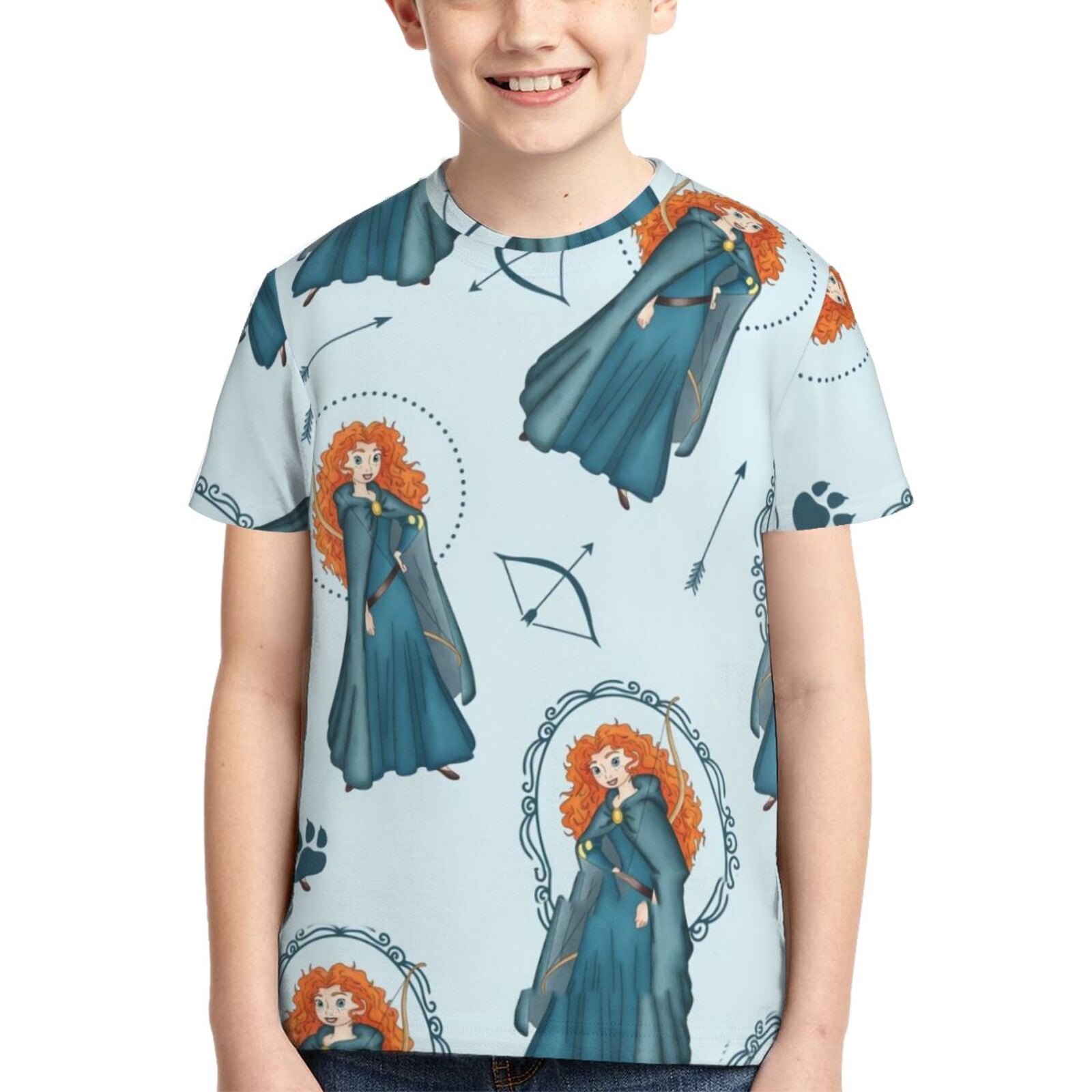 Boys Girls Princess Merida Watercolor Seamless Pattern T-Shirt Crewneck ...