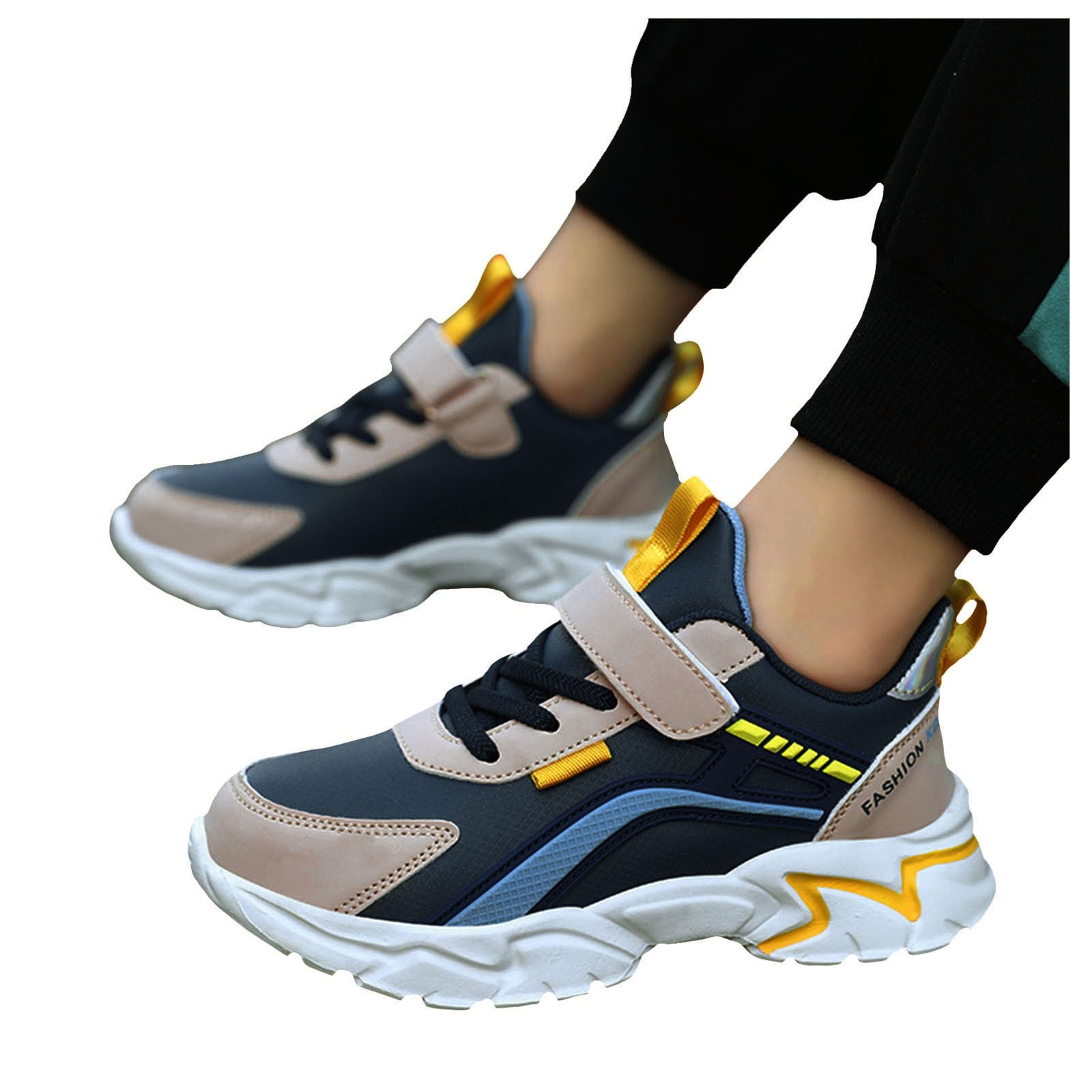 Boys Girls Running Sneakers Color Bolck Leather Hook and Loop Tennis ...