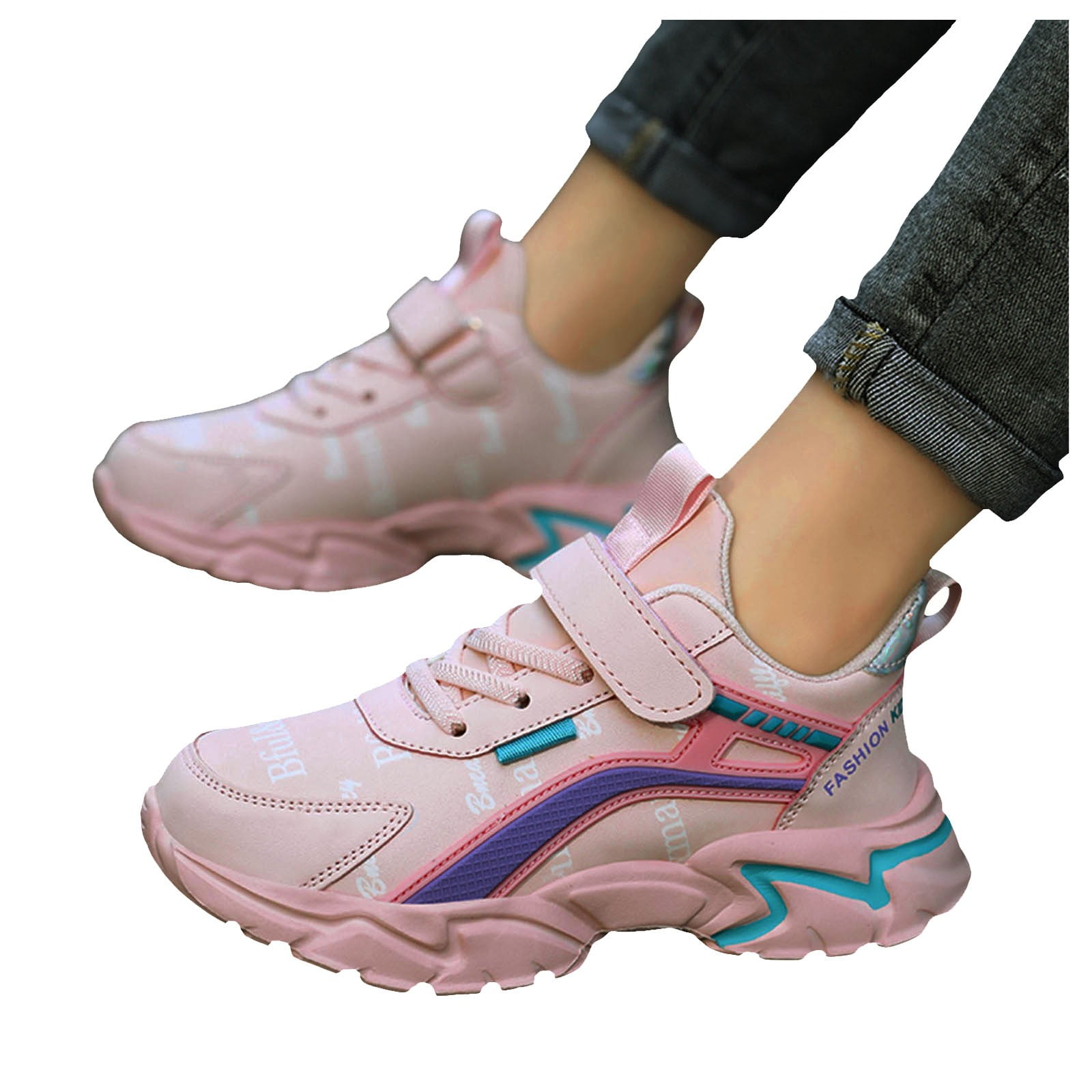 Boys Girls Running Sneakers Color Bolck Leather Hook and Loop Tennis ...