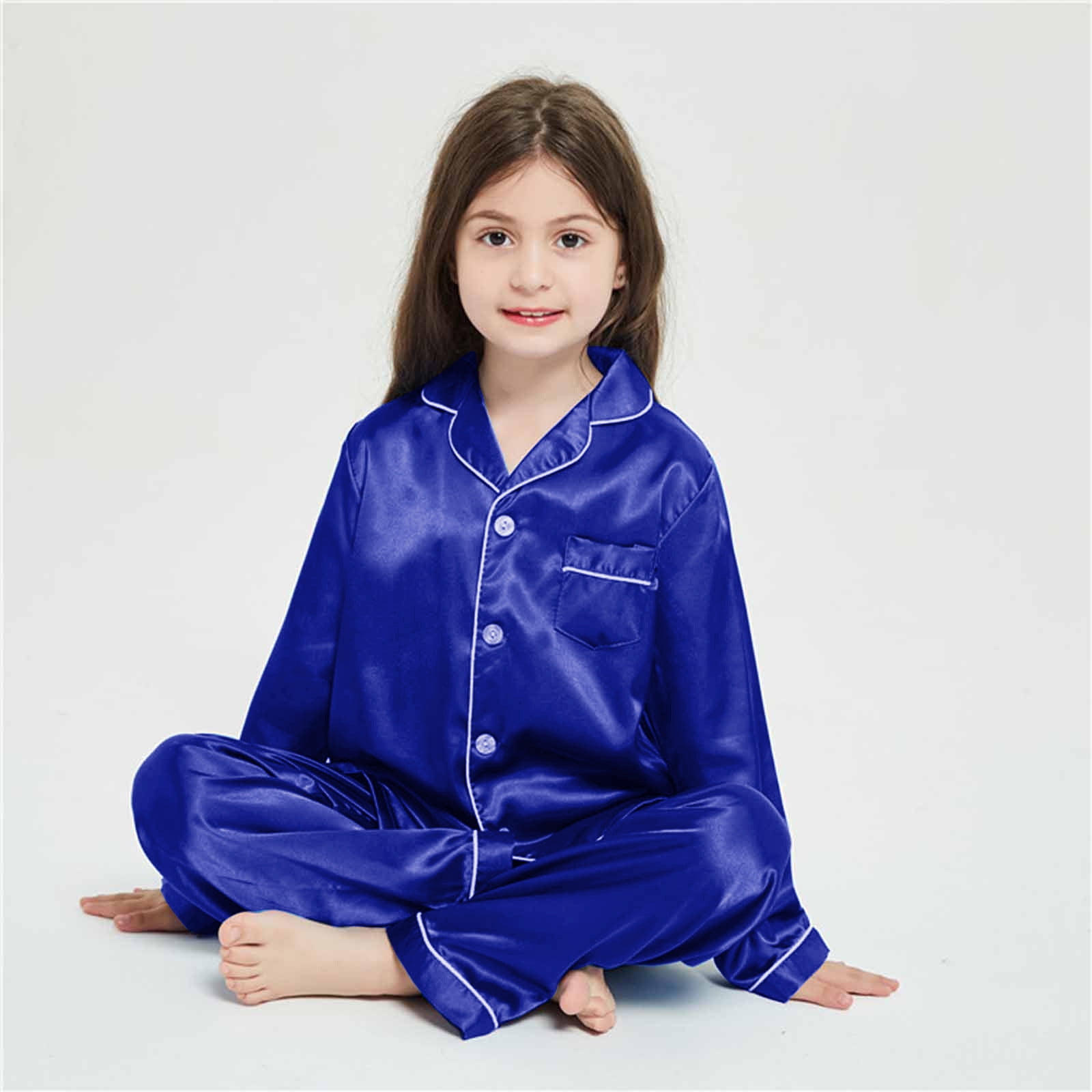 Boys Girls Satin Pajamas Set Button Down Sleep Shirt Top Long Pants ...