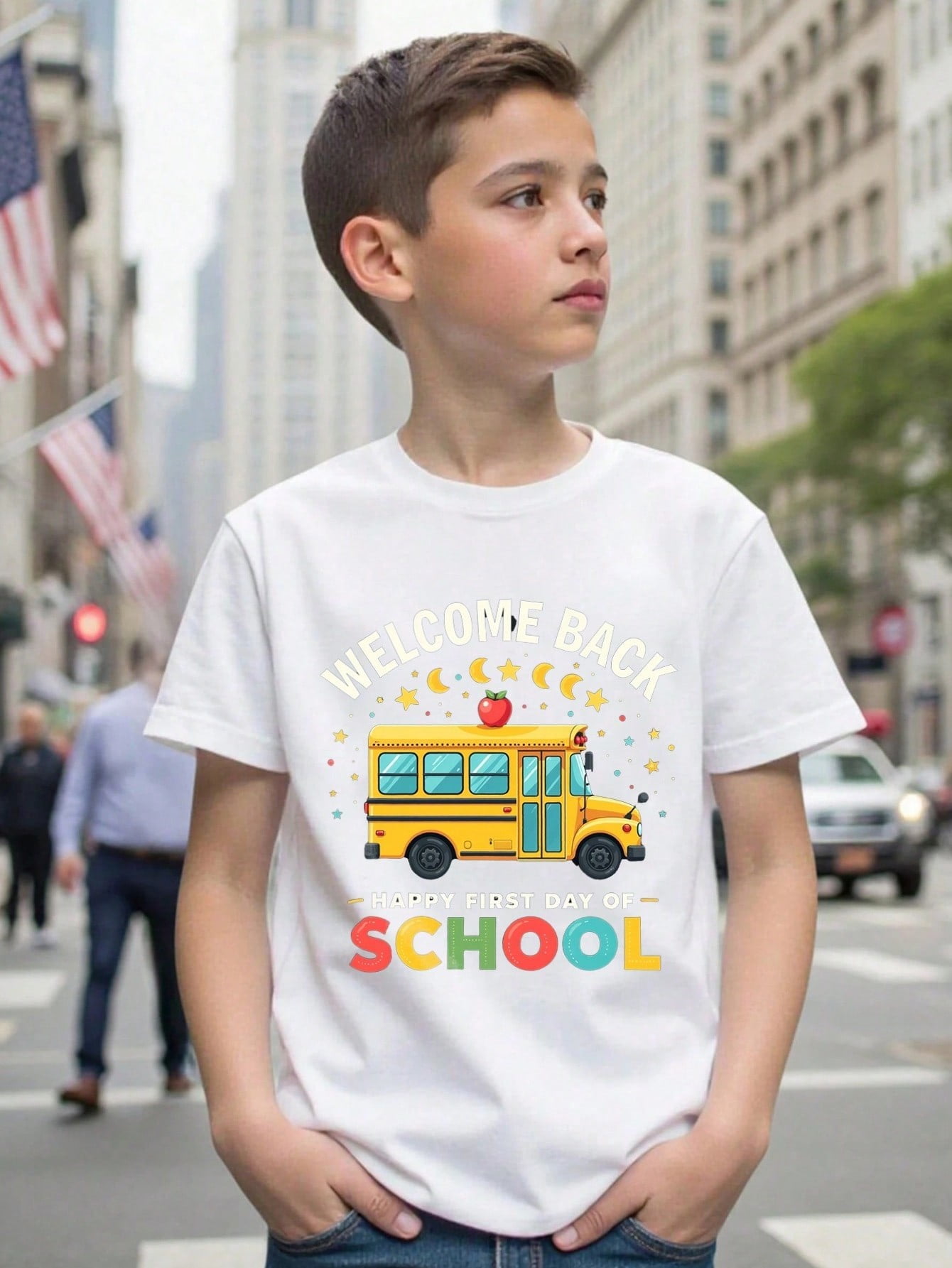 Boys/Girls School Bus Theme Back To School Cotton Graphic Tees, Black ...
