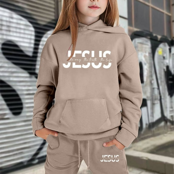 Boys Girls Sweatsuit Set 2 Piece Long Sleeve Khaki Hoodie Sweatshirt ...