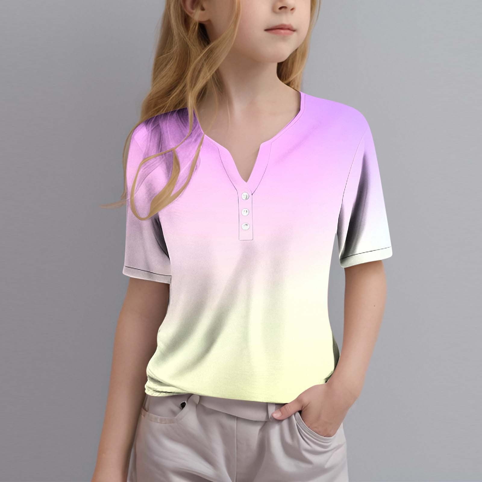 Boys & Girls T-Shirts 3-14 Years Teens Short Sleeve Button V Neck Tops ...