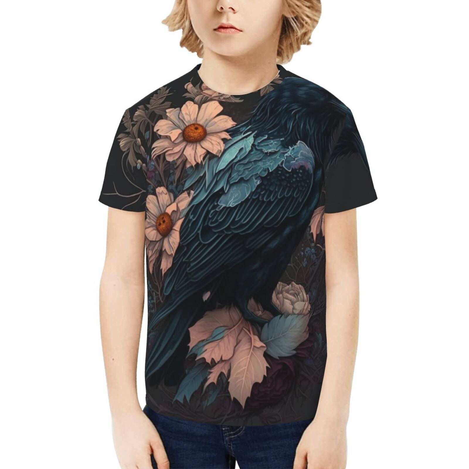 Boys Girls T Shirts Short Sleeves 3D Summer Kids Tee Tops, Crow Flowers ...