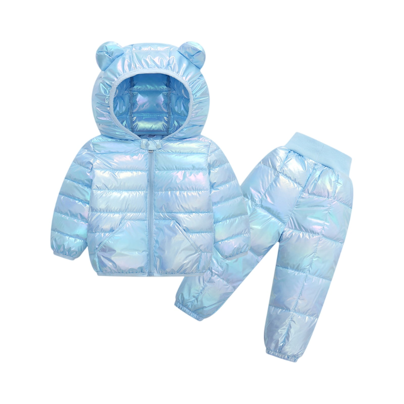 Boys Girls Toddler Bear Ear Hooded 2 Piece Puffer Jacket and Pants Set ...