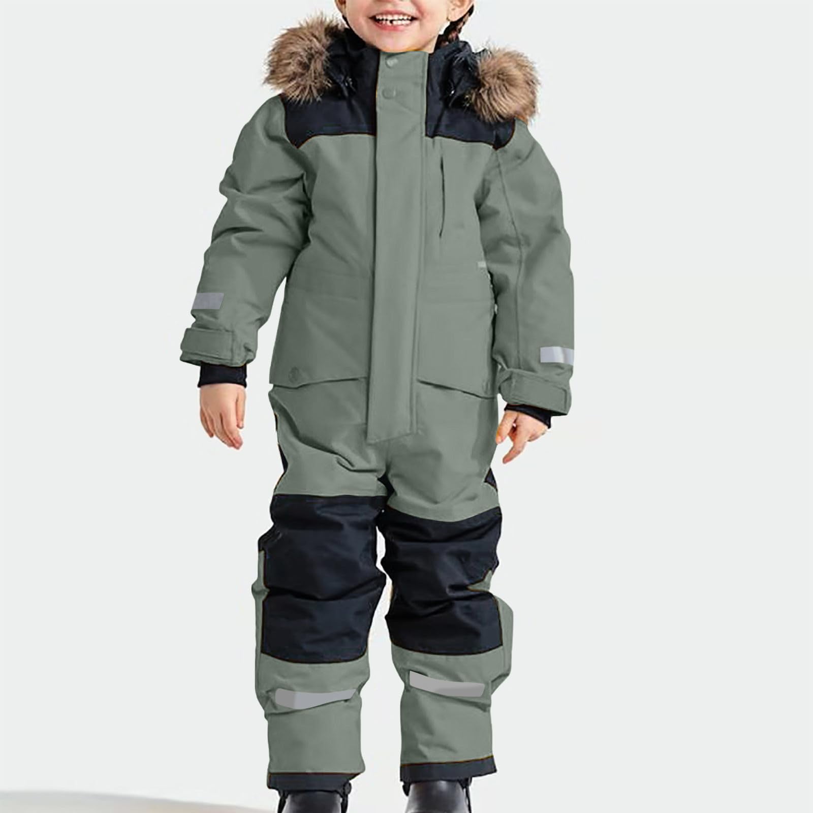 Boys Girls Winter Overalls Ski Suits with Fuzzy Hood - Long Sleeve Full ...