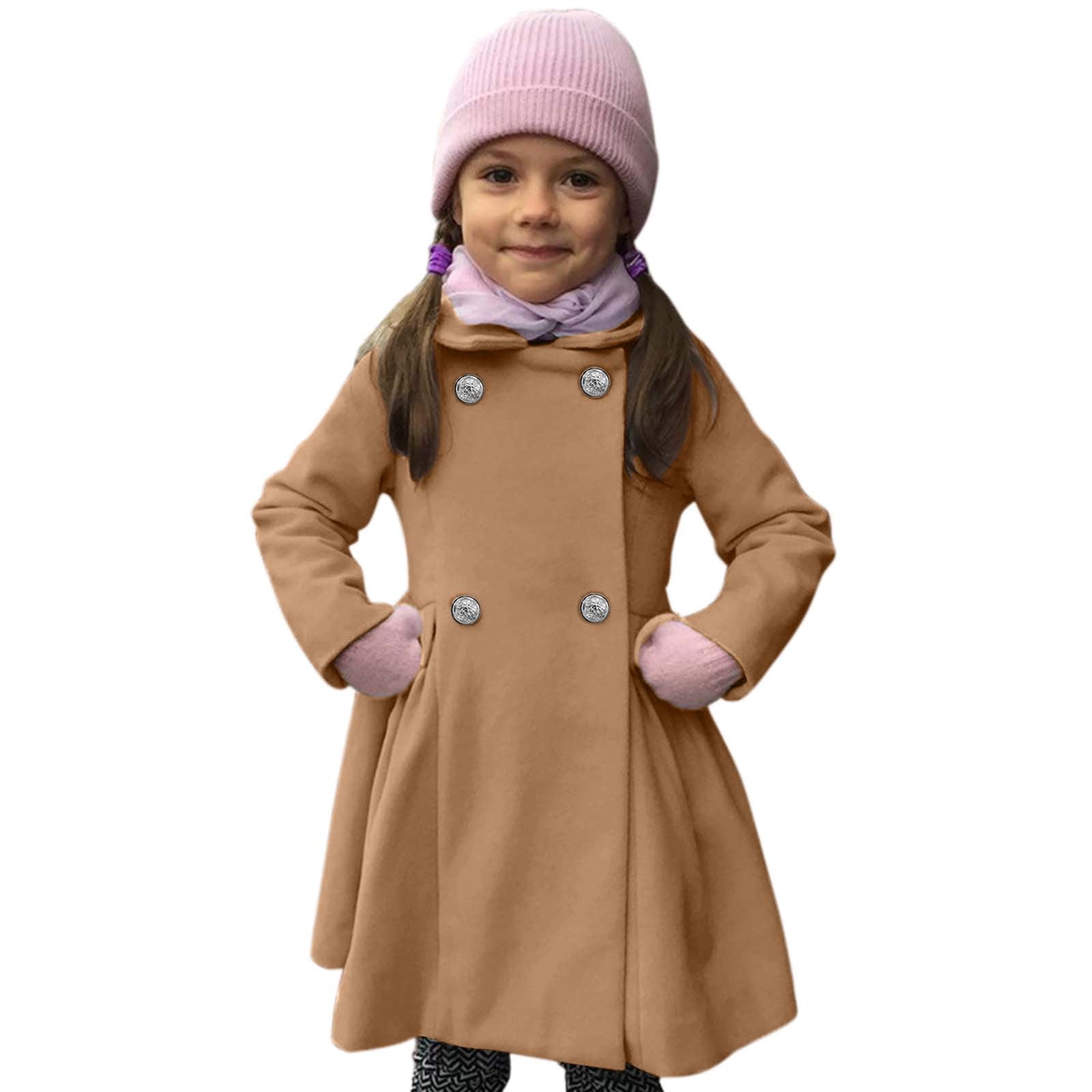 Boys Girls Wool Blend Winter Coat Button Jacket Long Sleeve Solid Color ...