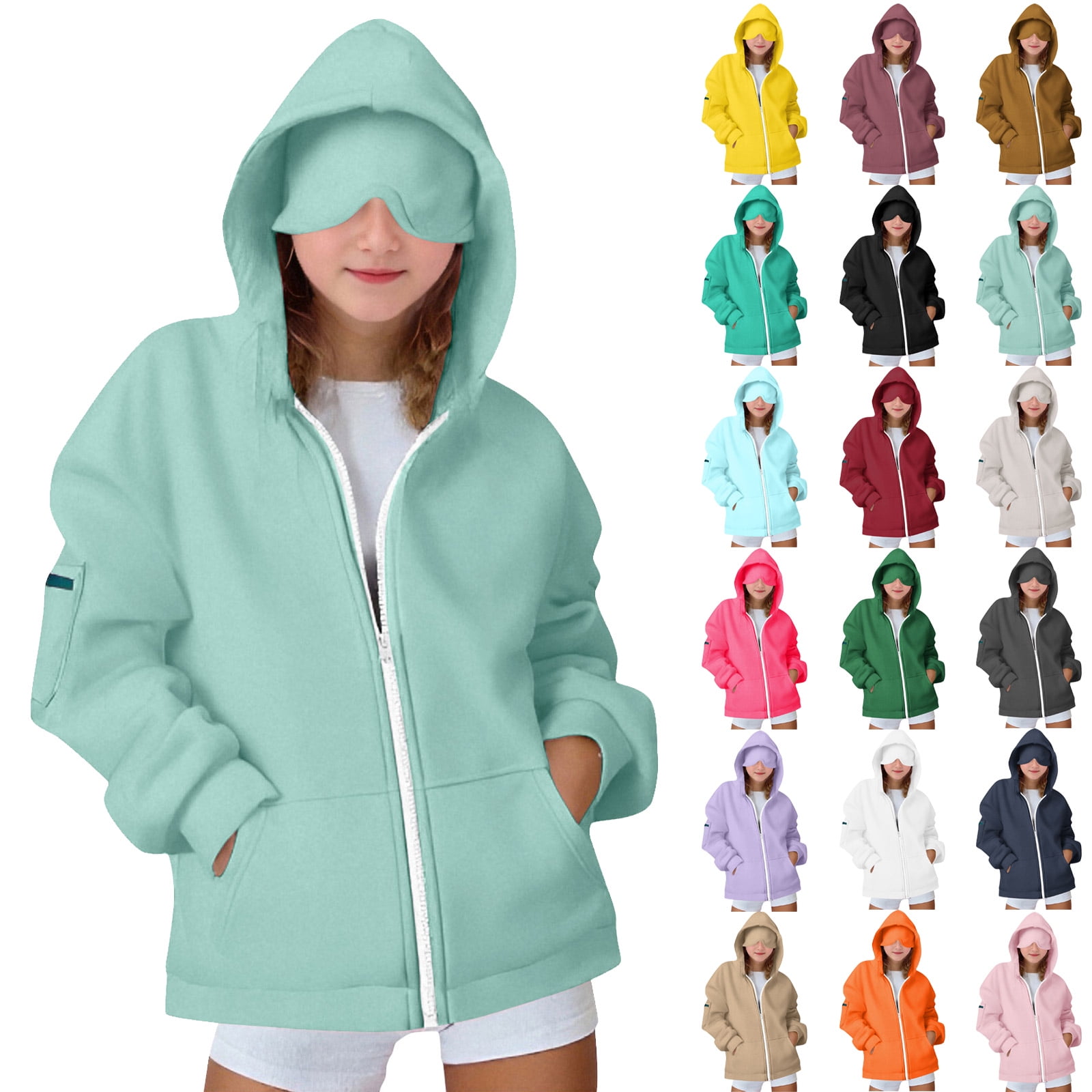 Boys Girls Zip-up Hoodies with Eye Mask Unisex Children Casual Jacket Kids Long Sleeve ...