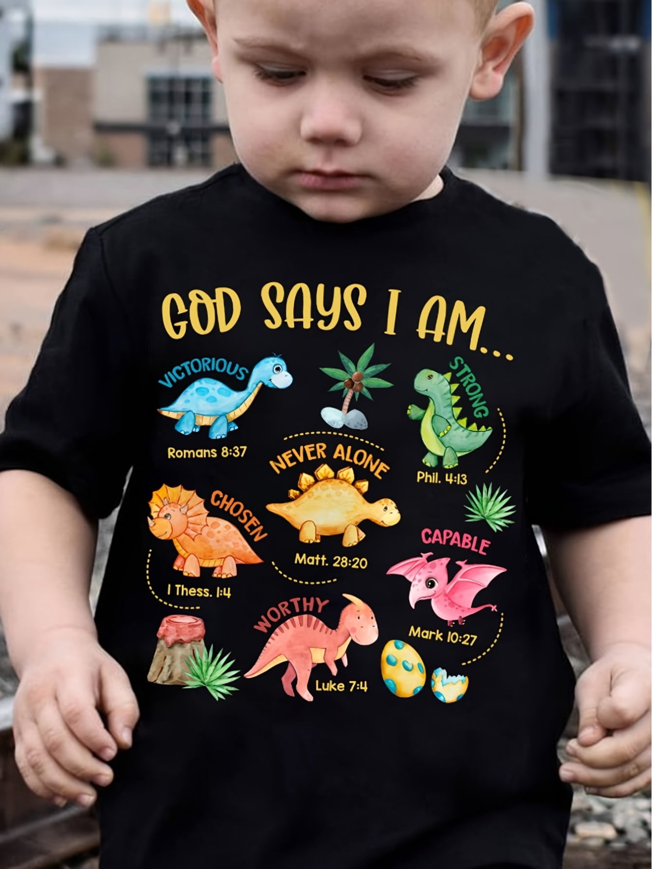 Boys' "God Says I Am" Dinosaur Print Cotton T-Shirt - Short Sleeve ...