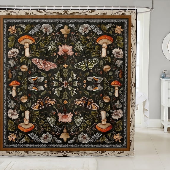Boys Gothic Moth Black Shower Curtain 72" W X 72" L, Boho Mushroom Bath ...