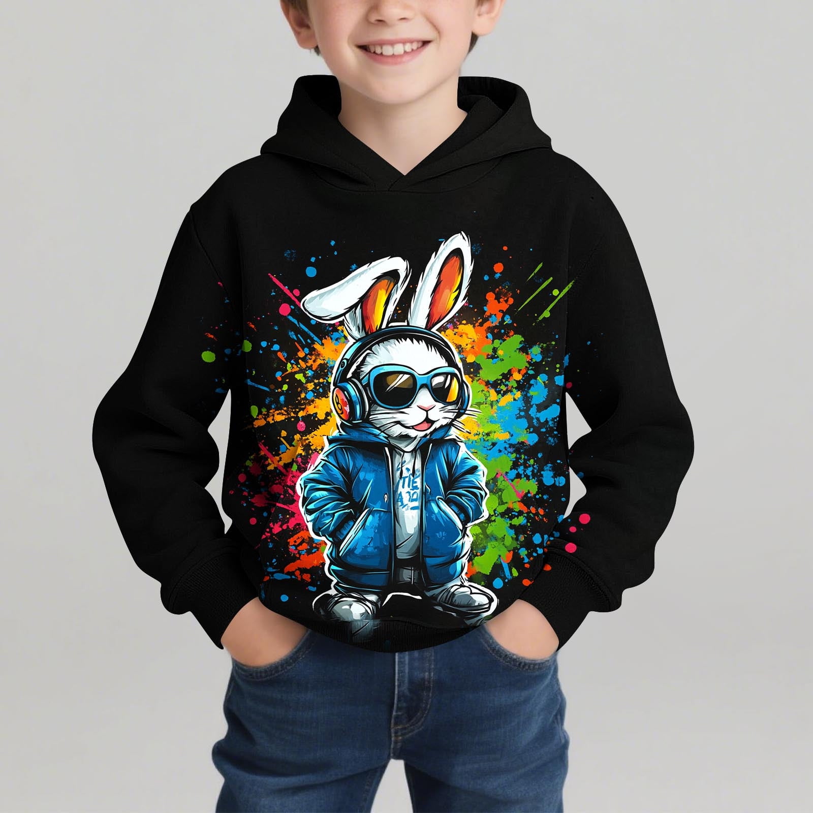 Boys Graphic Hoodie with Cartoon Rabbit, Dark Blue Pullover Sweatshirt ...