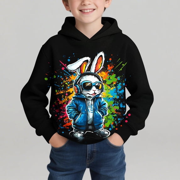 Boys Graphic Hoodie with Cartoon Rabbit, Dark Blue Pullover Sweatshirt ...