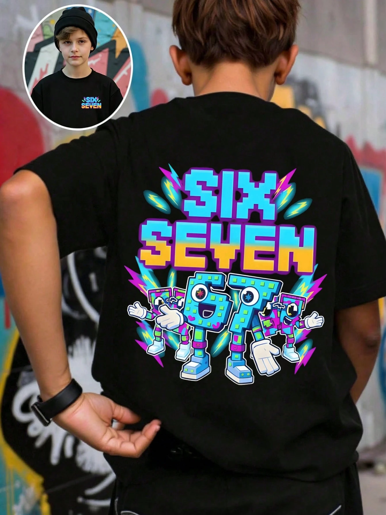 Boys Graphic T-Shirt Pixel Art Number 67 Gaming Style Black Short ...