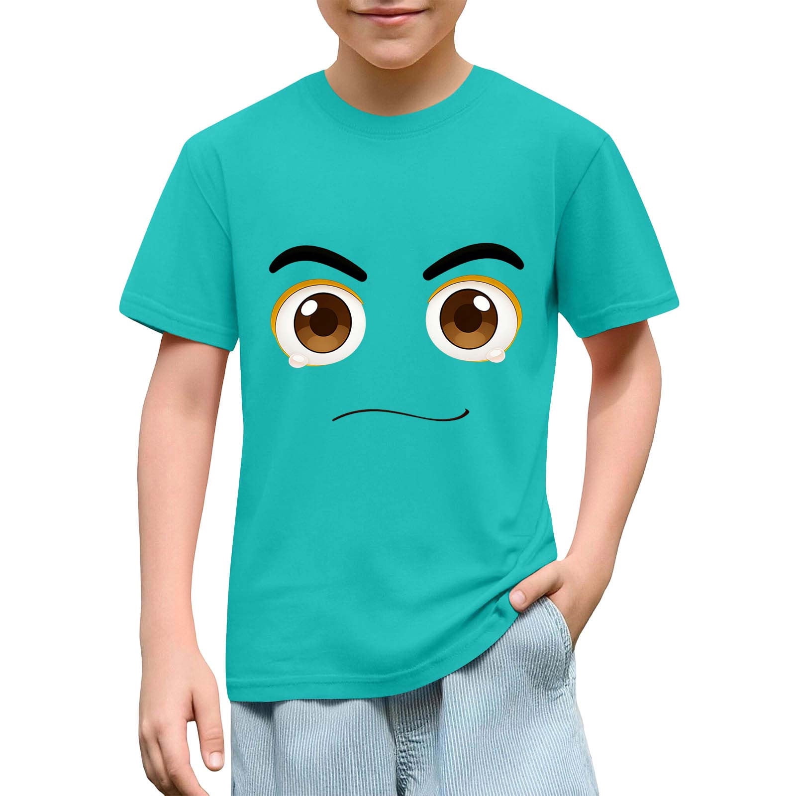 Boys Graphic T-Shirt Soft Cotton Kids Funny Face Tee Mint Green Cartoon ...
