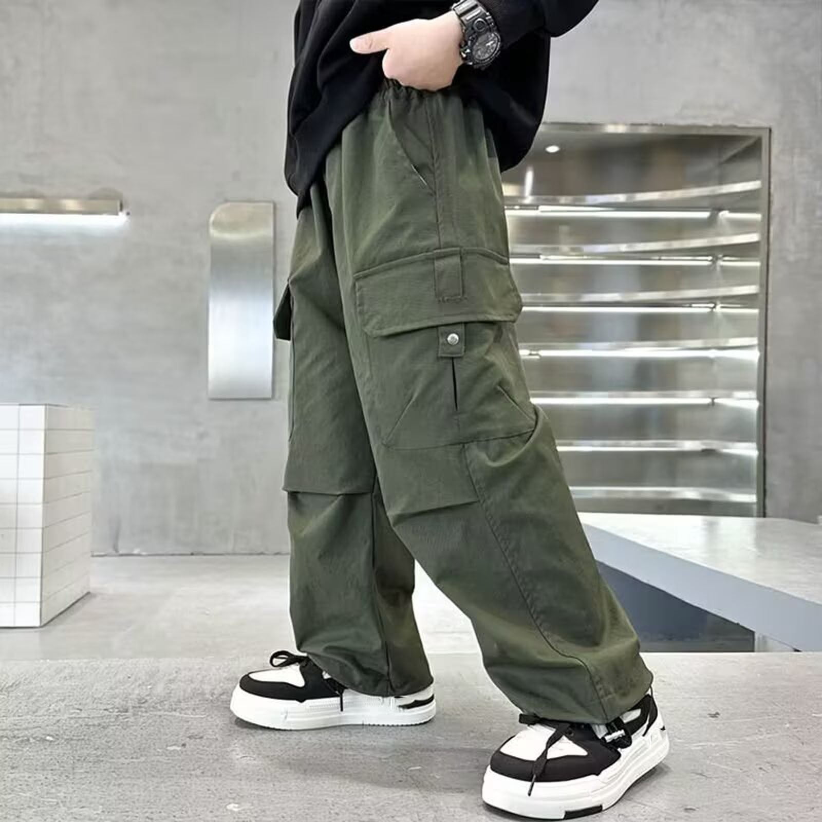 Boys Green Elastic Waist Drawstring Pants, Casual Straight Leg School ...