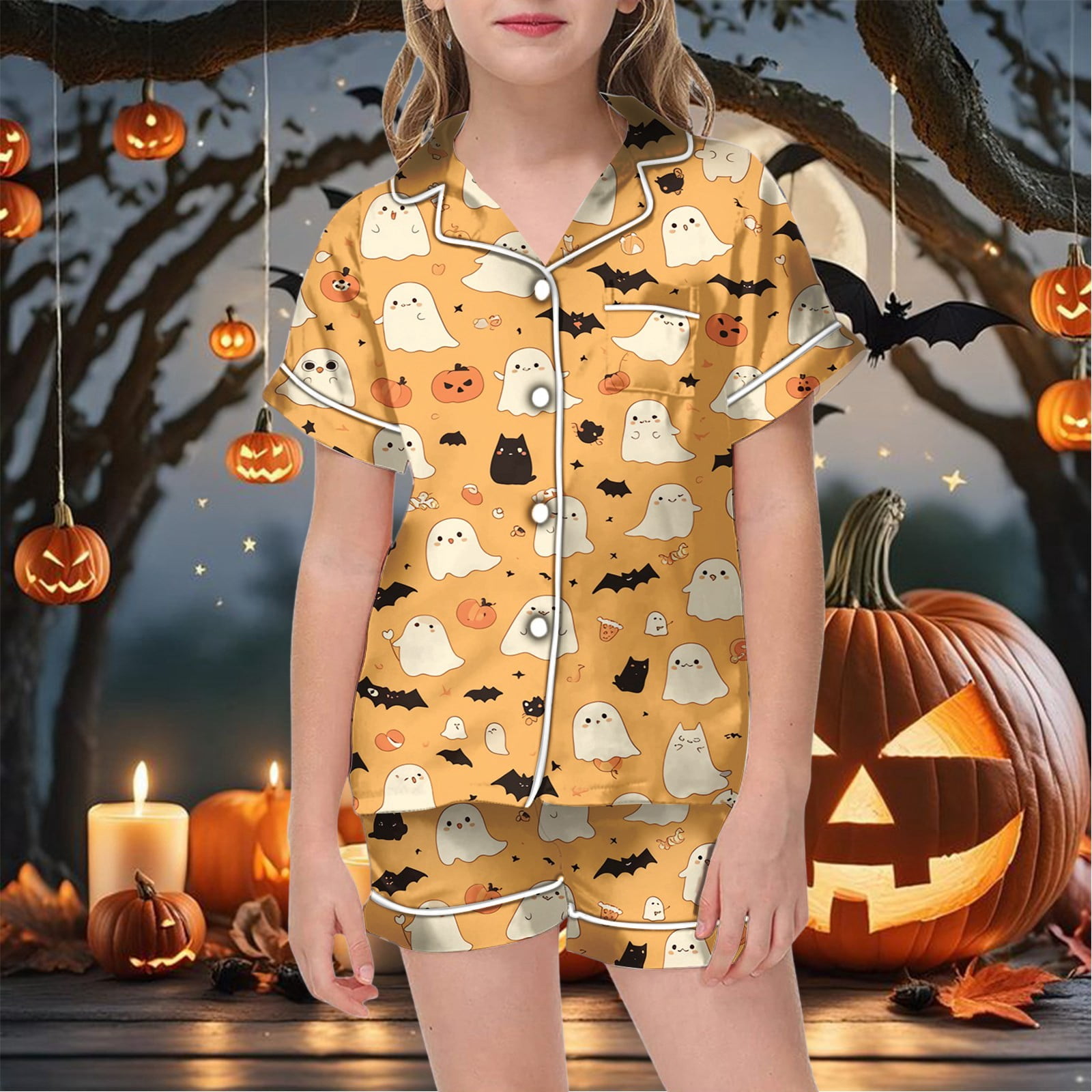 Boys Halloween Pajamas Set Pumpkin Ghost Bat Print Silk Pajamas Girls ...