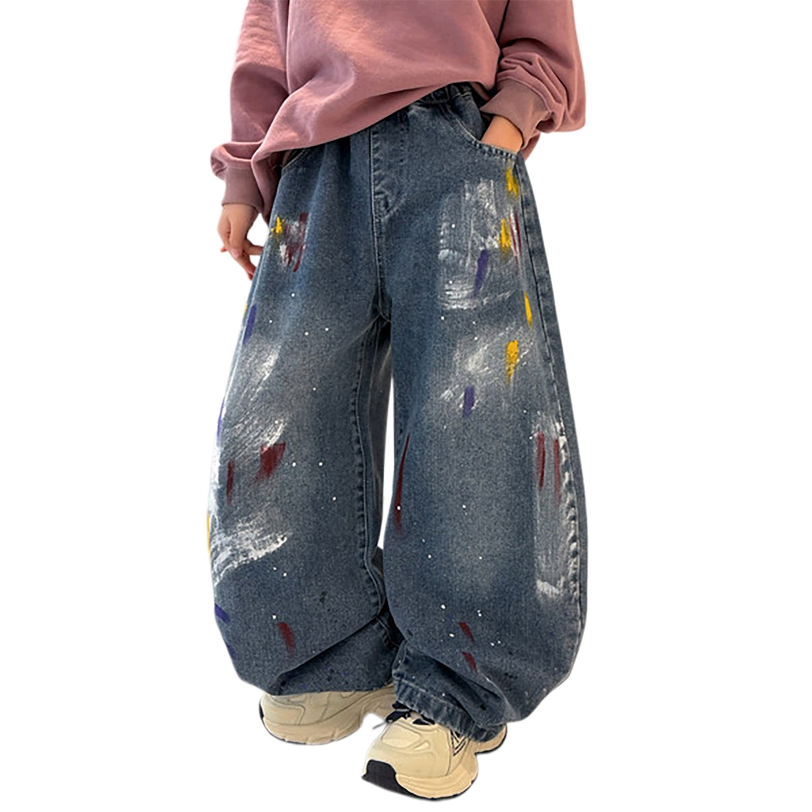 Boys Hand-Painted Splash Ink Wide Leg Jeans, Elastic Waist Baggy Denim ...