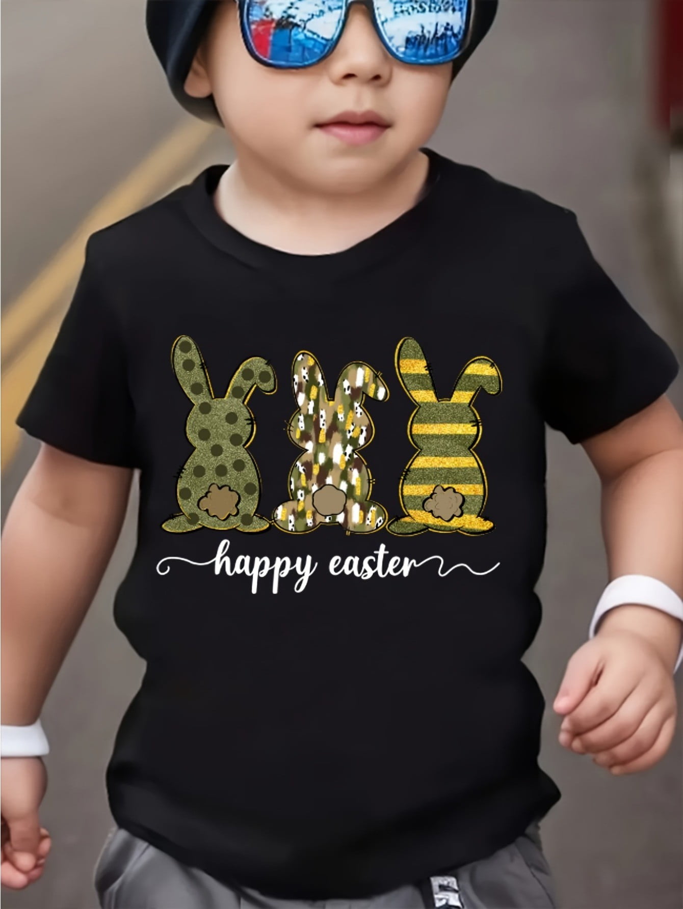 Boys' Happy Easter Bunny Graphic T-Shirt - Black Short Sleeve Crew Neck ...