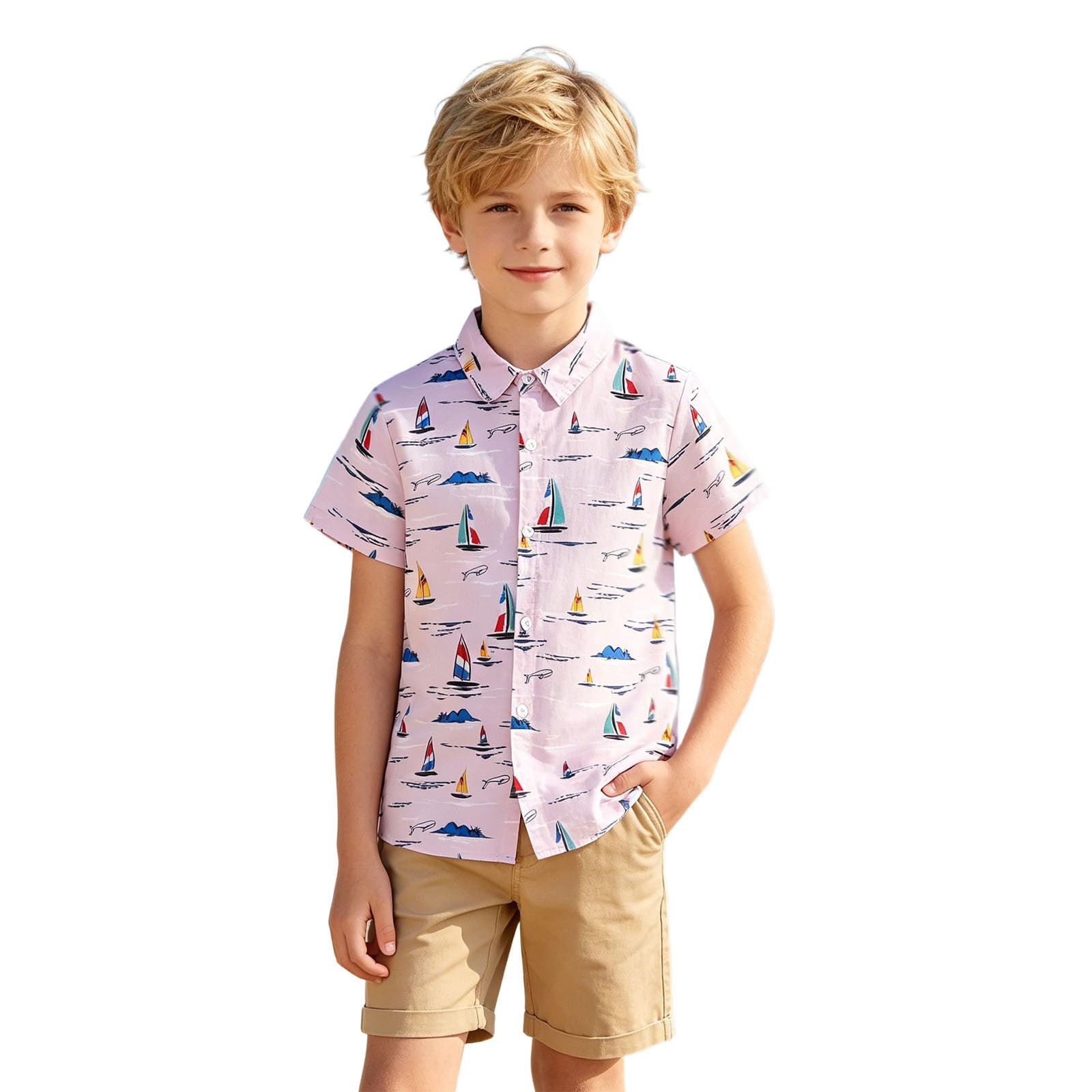 Boys Hawaiian Print Short Sleeve Button-Down Shirt, Lightweight Beach ...