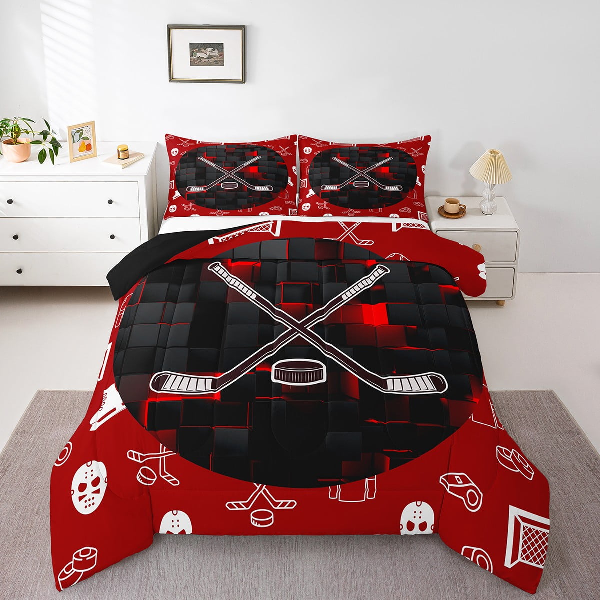 Hockey Comforter Sets Toddler Red Black Neon Geometric Check Grids ...