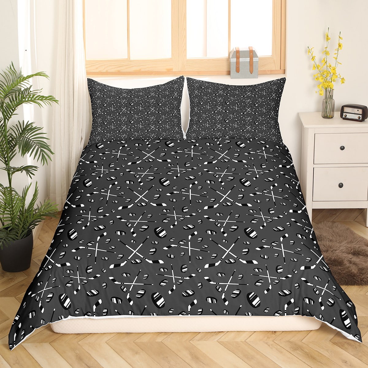 Boys Hockey Duvet Cover, Hockey Stick Bedding Set Ice Puck Sports Game ...