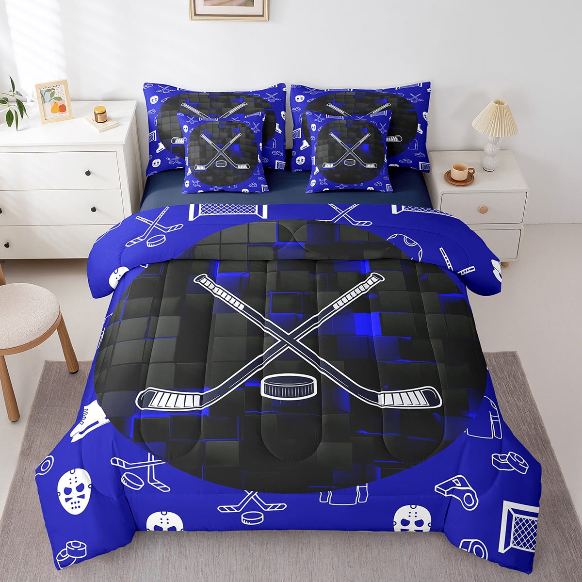 Boys Hockey Twin Bed In A Bag 7 Piece Blue Black Neon Geometric Check ...