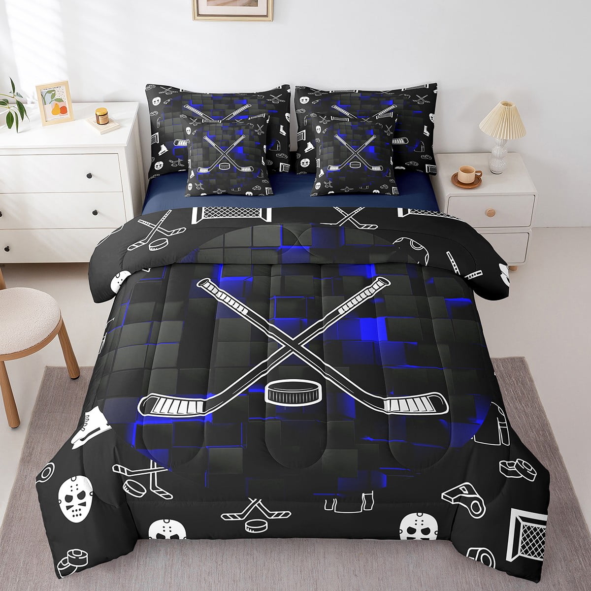 Hockey Twin Bedding Set 7 Piece Hockey Stick Puck Comforter Set Teen ...