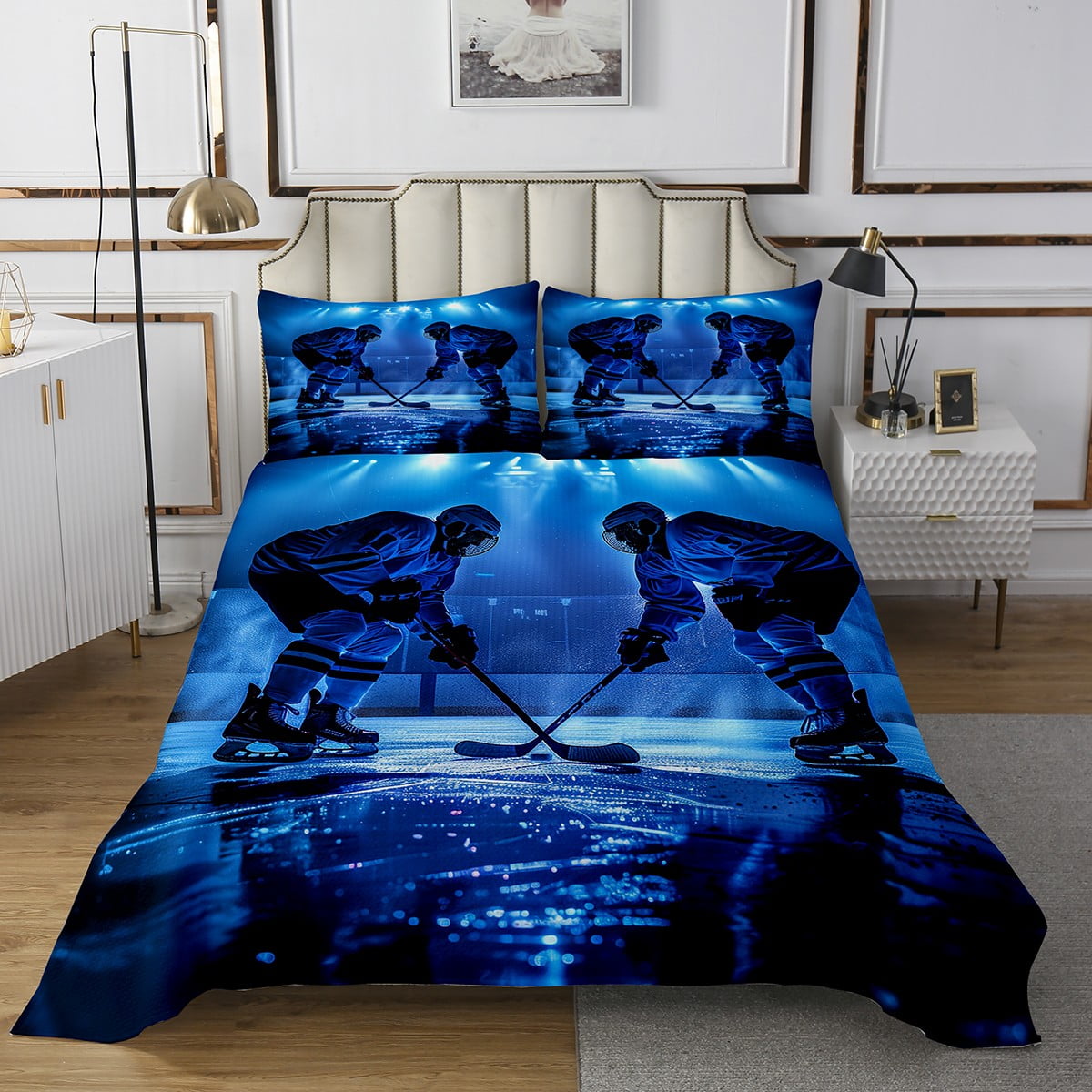 Hockey Twin Quilt Set,Winter Sports Bedding Set Men Bedroom Decor,Ice ...