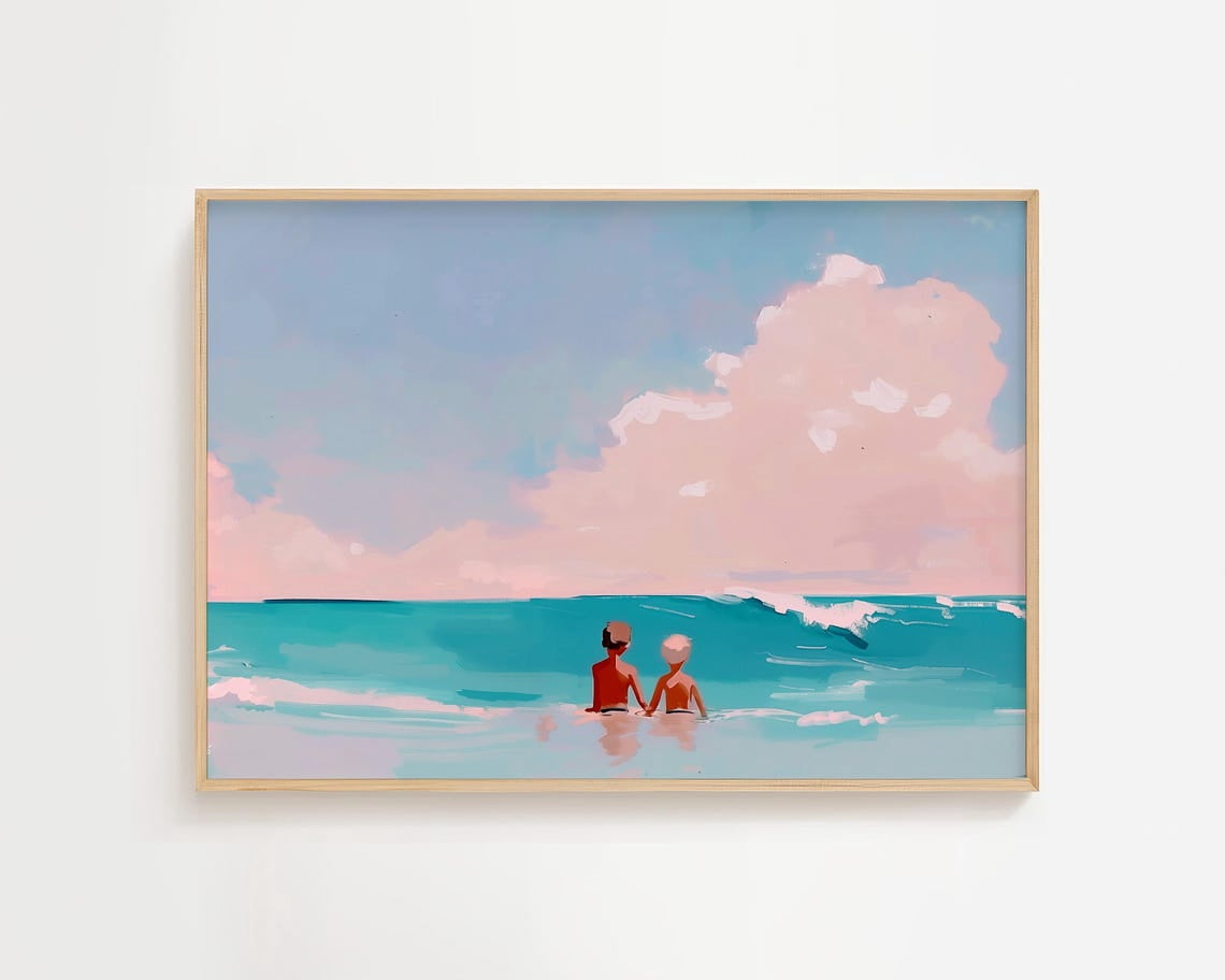 Boys Holding Hands Dreamy Coastal Artwork Pretty Beach Tropical Pink ...