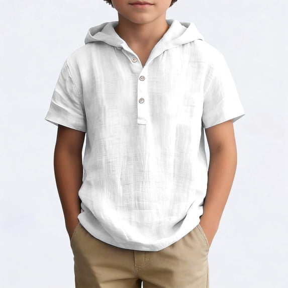 Boys Hooded Linen Short Sleeve Button Up Shirt Breathable Summer Casual ...