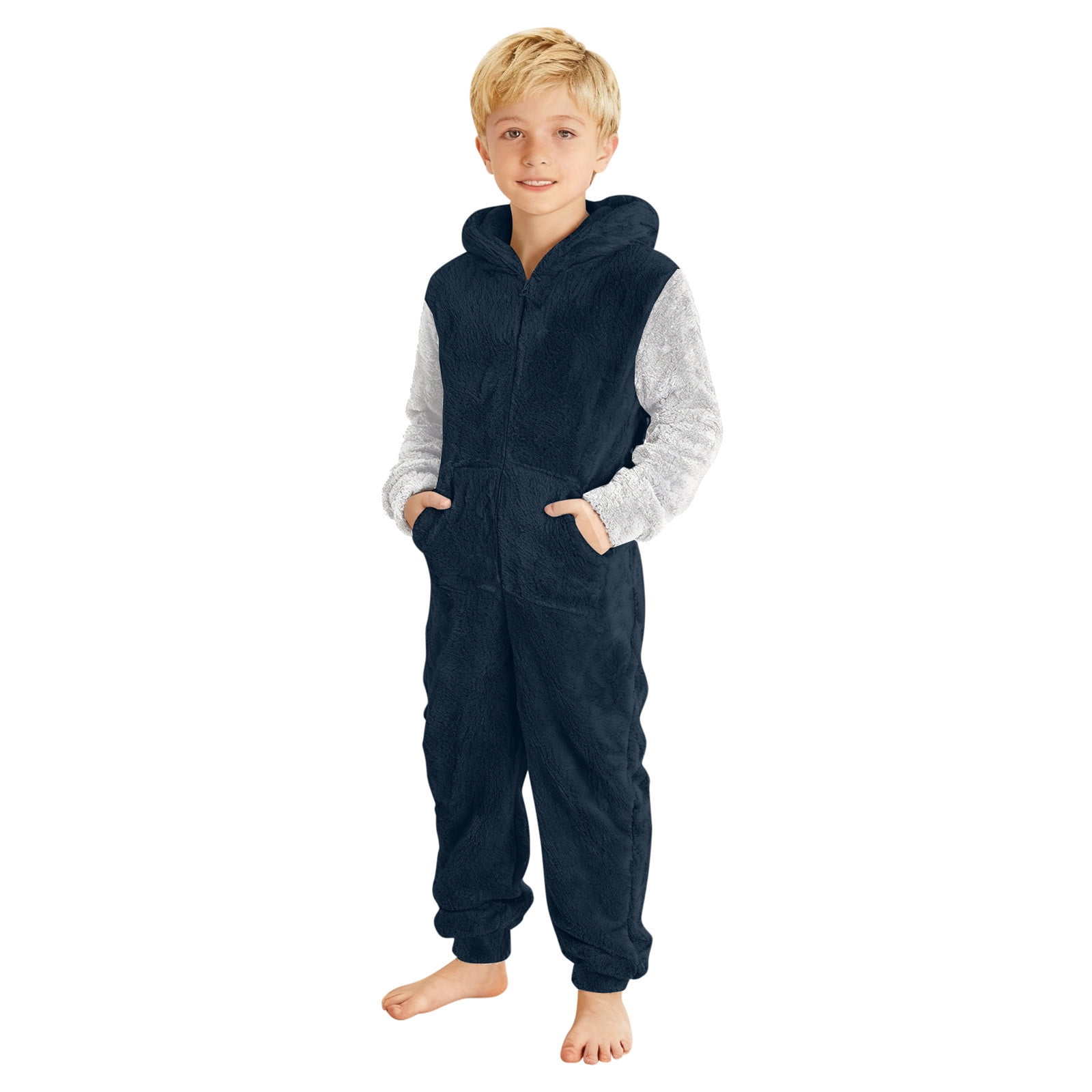 Boys Hooded Romper Jumpsuit Winter Warm Pajamas With Color Design For ...