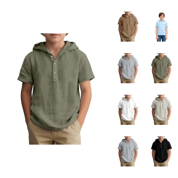 Boys Hoodie Linen Shirt Button Up Henley Short Sleeve Casual Shirts ...