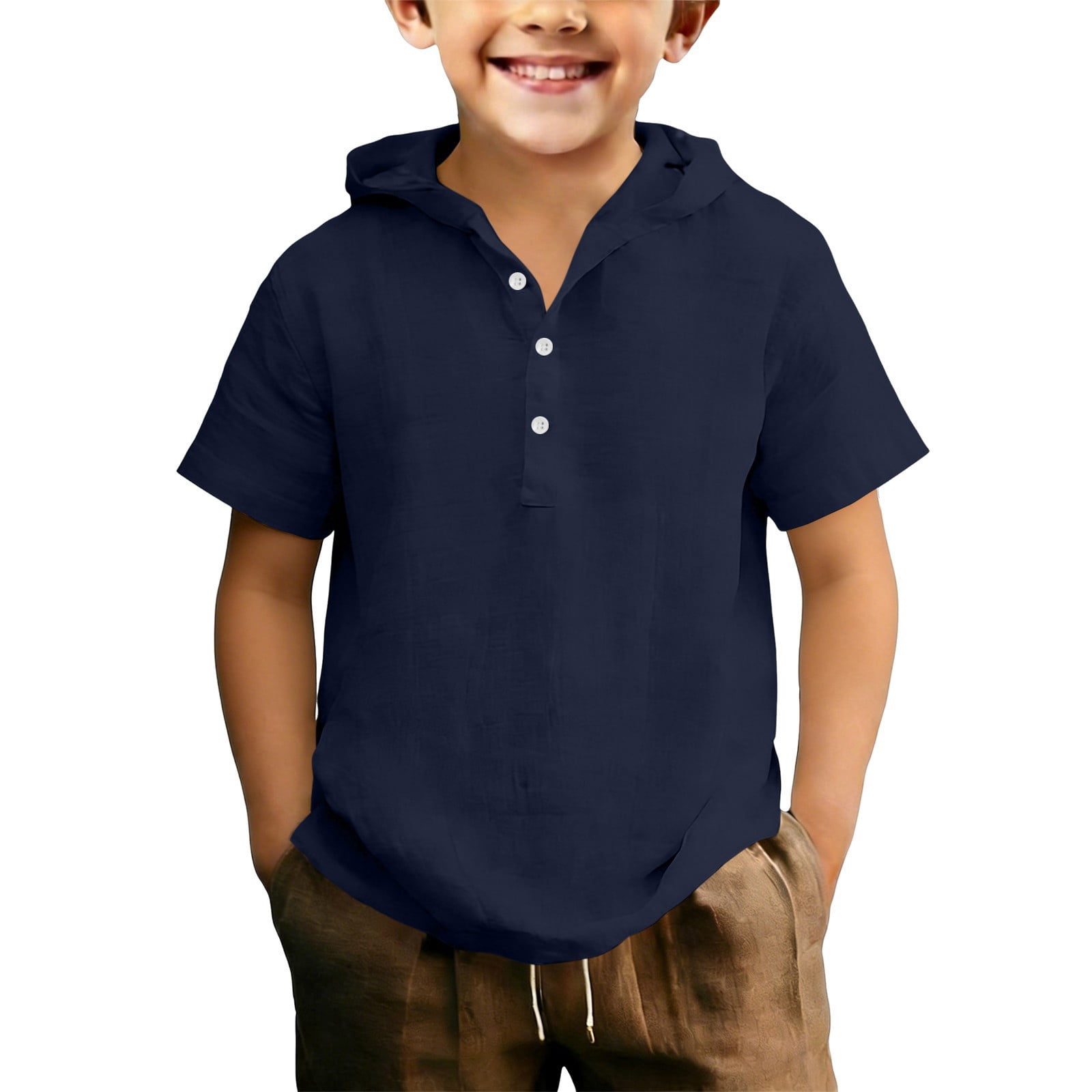 Boys Hoodie Linen Shirts Button Up Henley Short Sleeve Casual Shirts ...