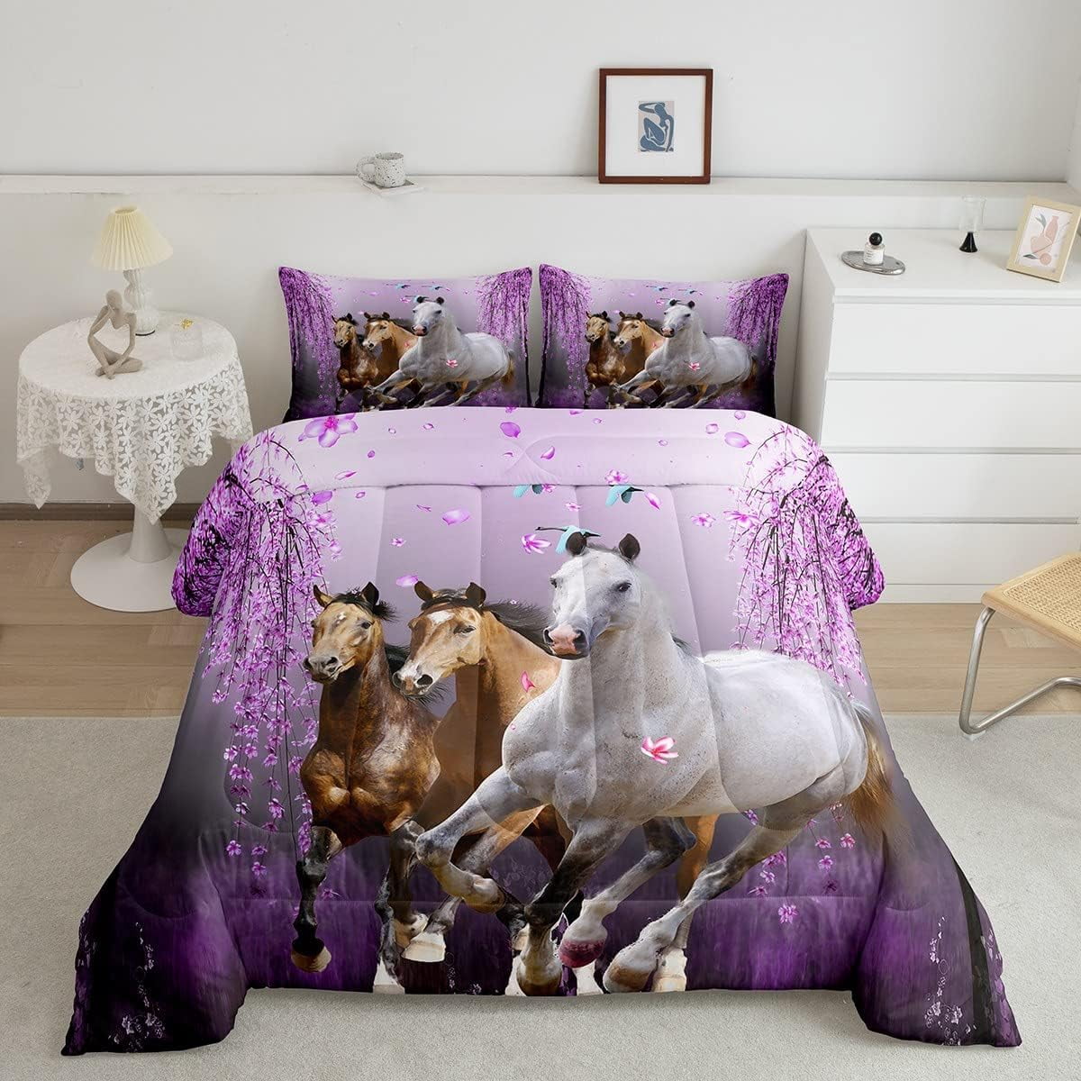 Boys Horse Queen Size Comforter Set Cherry Blossom Branches Steed Kids ...