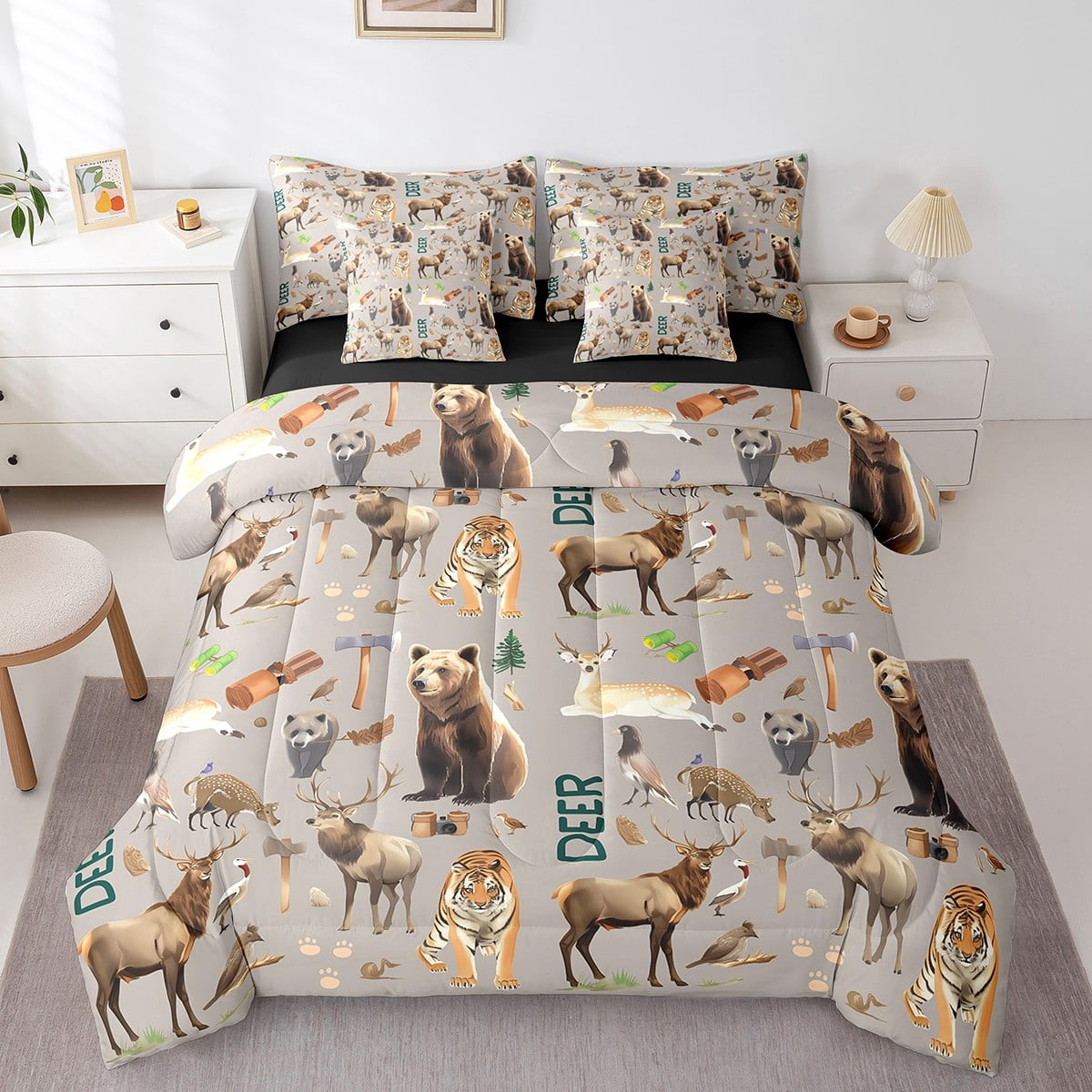 Boys Hunting Bear Comforter Set Bed In A Bag Twin 7 Piece Deer Tiger ...
