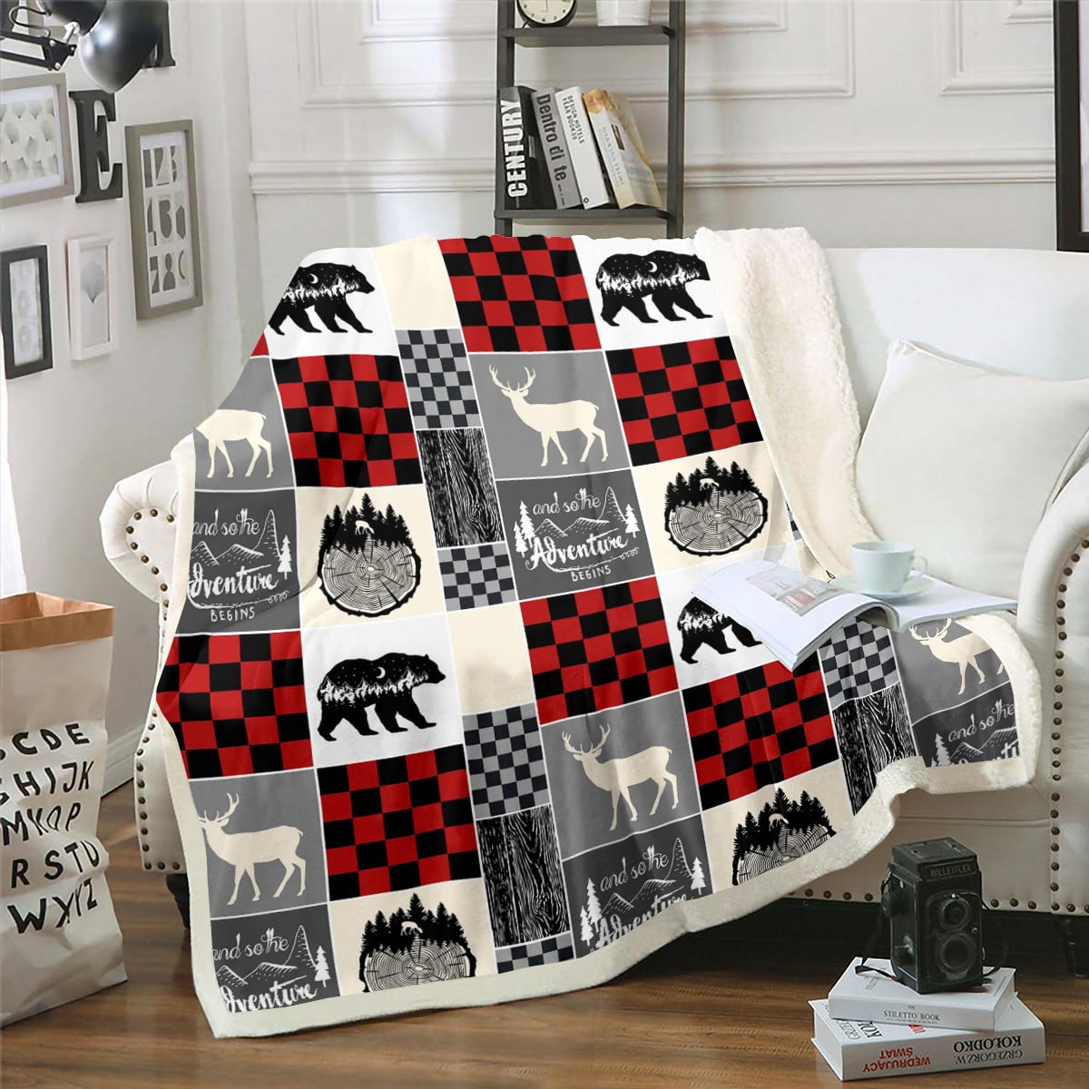 Hunting Deer Sherpa Blanket, Rustic Cabin Lodge Throw Blanket Wildlife ...