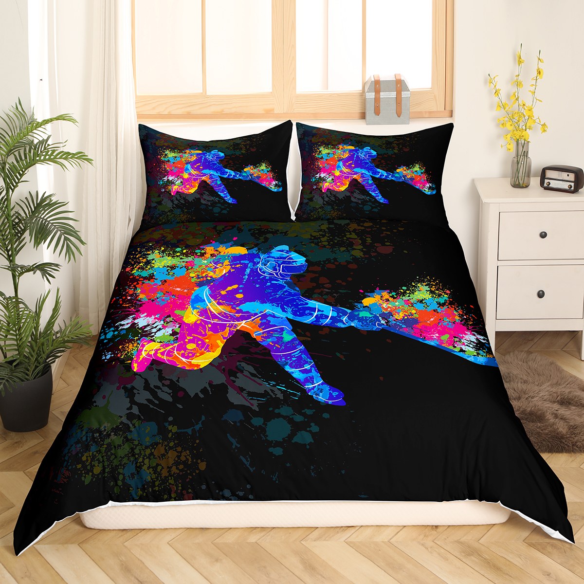Boys Ice Hockey Bedding Set Hockey Athlete Silhouette Comforter Cover ...