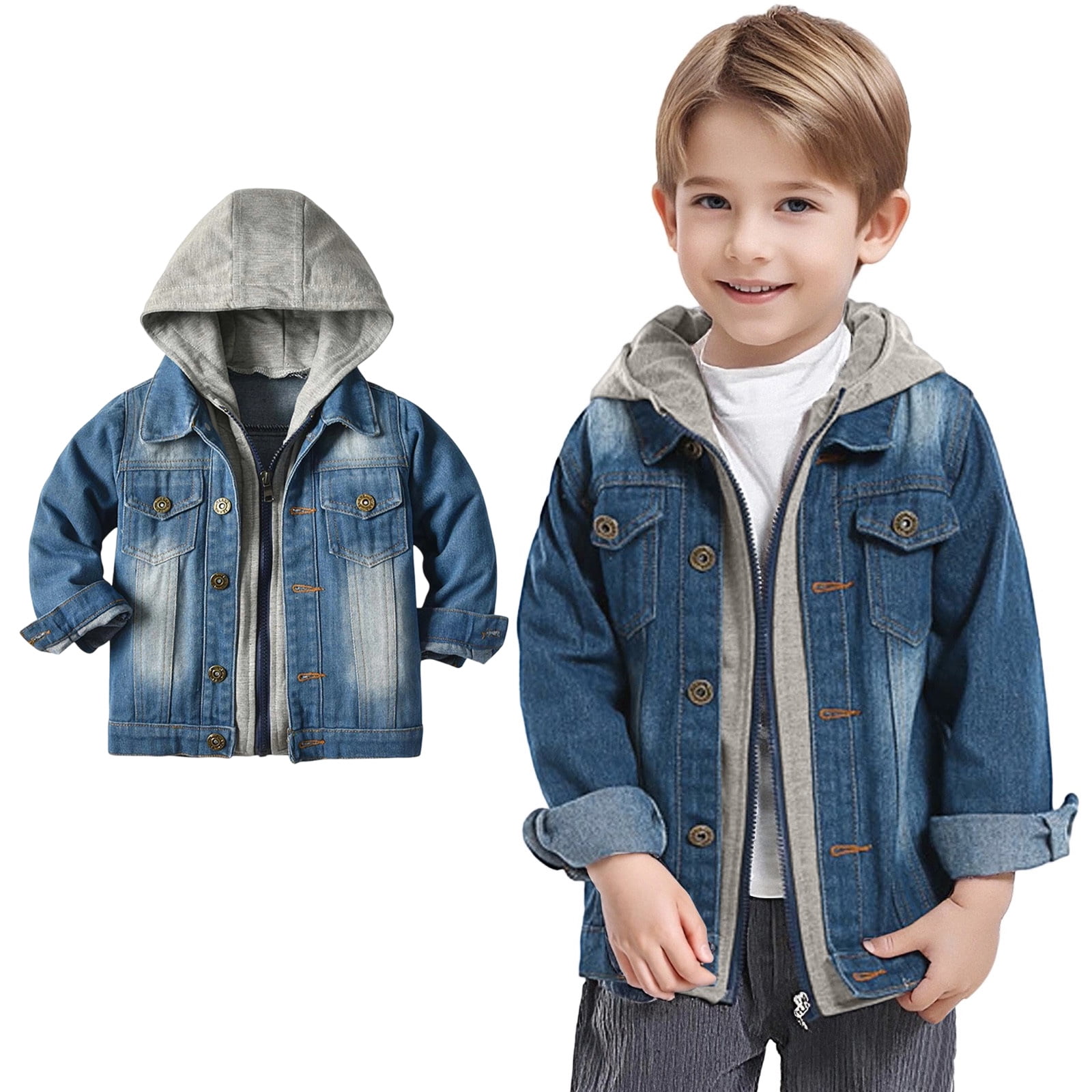 Boys Jean Jacket Long Sleeve Denim Hoodie Blue Denim Jacket Lightweight ...
