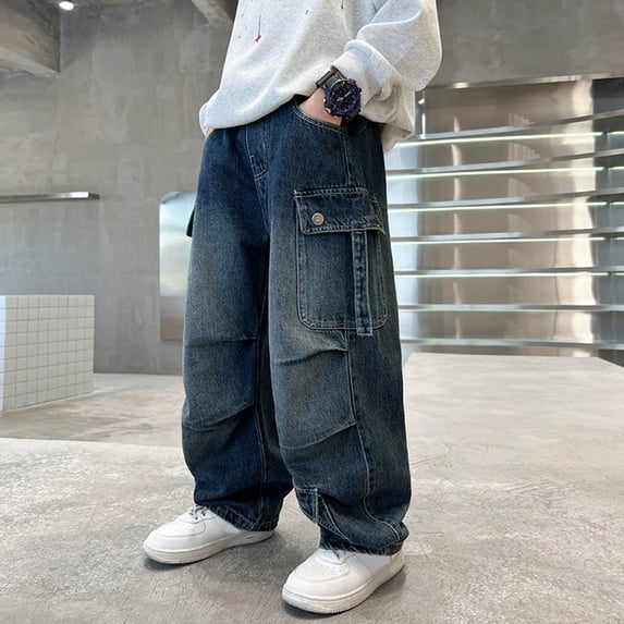 Boys' Jeans Boys Cargo Jeans Baggy Denim Jeans Straight Wide Leg Jeans ...