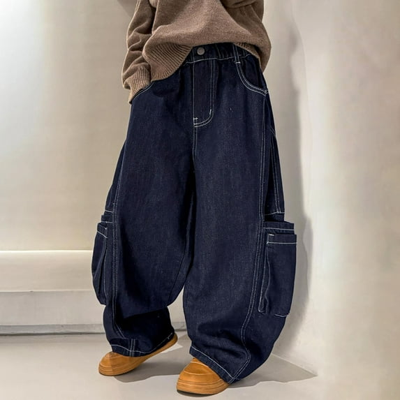 Boys Jeans Comfortable Elastic Waist Wide Leg Pants Trousers Cargo ...