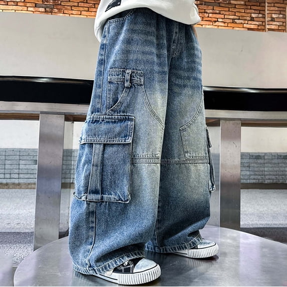 Boys Jeans Webbing Cargo Hop Street Dance Loose Straight Casual Summer ...