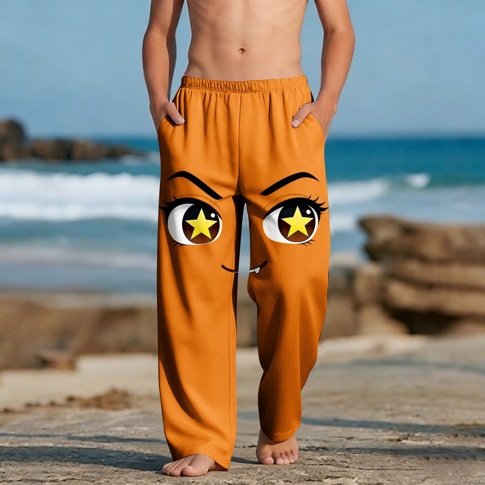 Boys Joggers Orange Cartoon Face Print Pants, Kids Elastic Waist ...