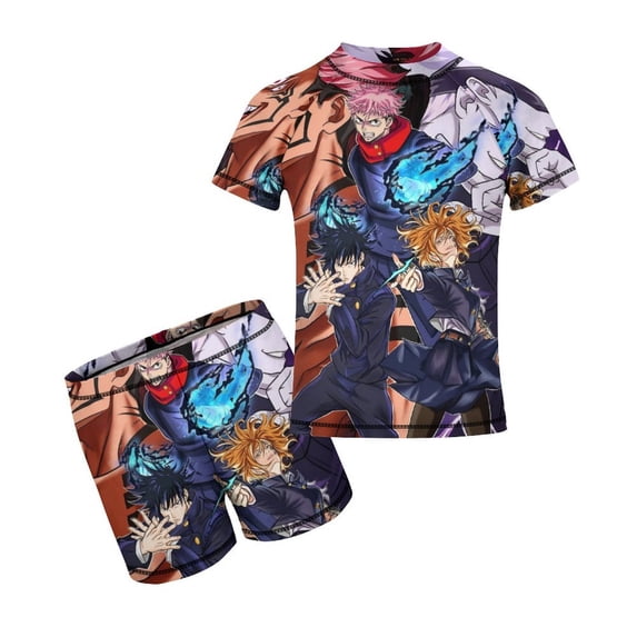 Boys Jujutsu Anime Kaisen Rash Guard Set 2 Piece Swimsuits Short Sleeve ...