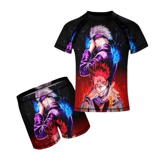 Boys Jujutsu Anime Kaisen Rash Guard Set 2 Piece Swimsuits Short Sleeve ...